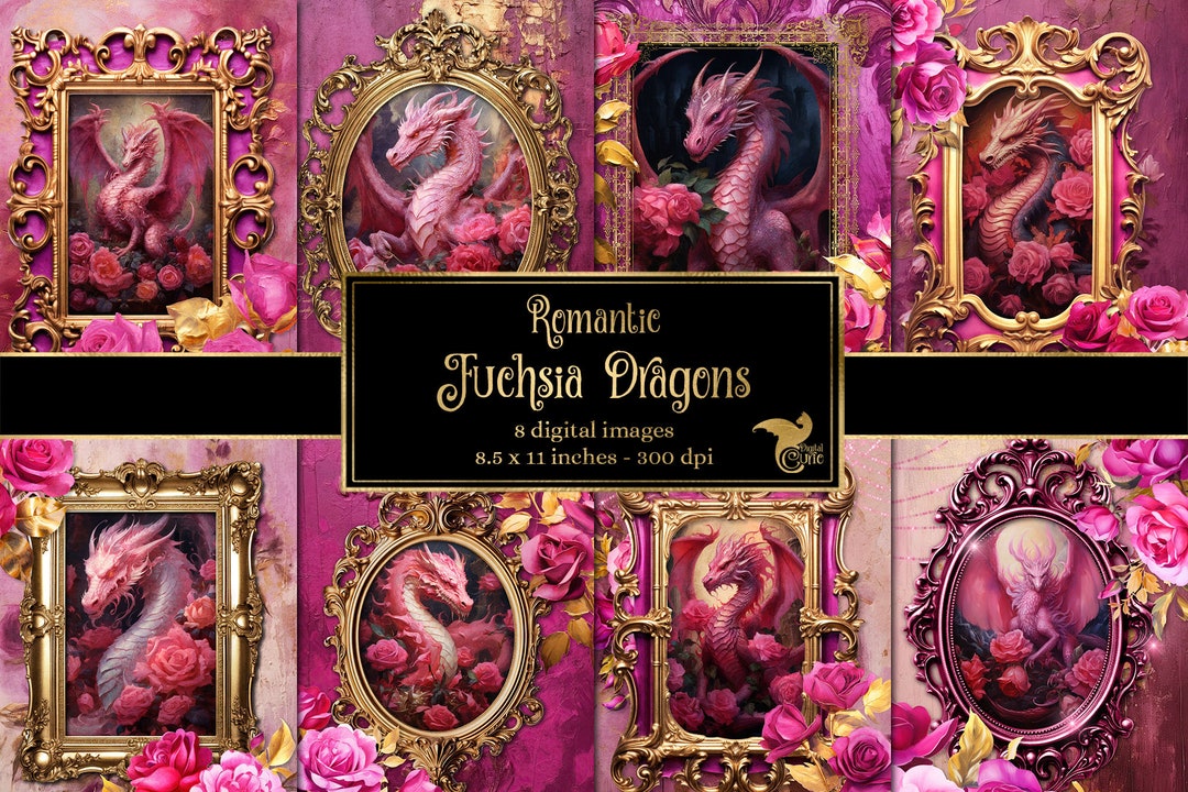 Romantic Fuchsia Dragons Journal Paper, Notebook Digital Paper Rococo ...