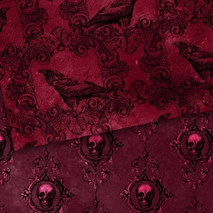 Burgundy Gothic Digital Paper, Skull Damask Halloween Scrapbook Papers ...