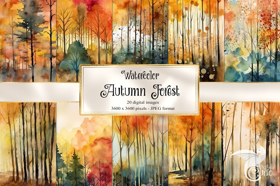 Watercolor Autumn Forest Digital Paper - Watercolor Textures Instant ...
