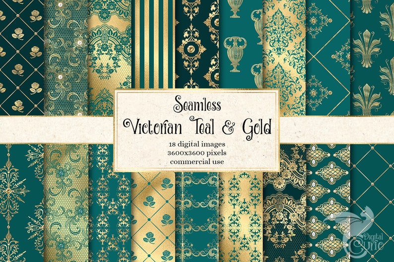 Victorian Teal and Gold Digital Paper, Seamless Damask Patterns ...