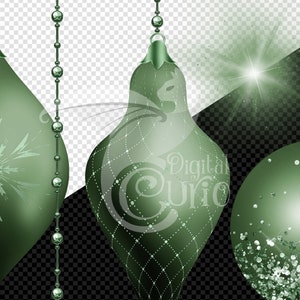 Sage Green Christmas Ornaments Clipart, Digital Glitter Christmas Ball ...