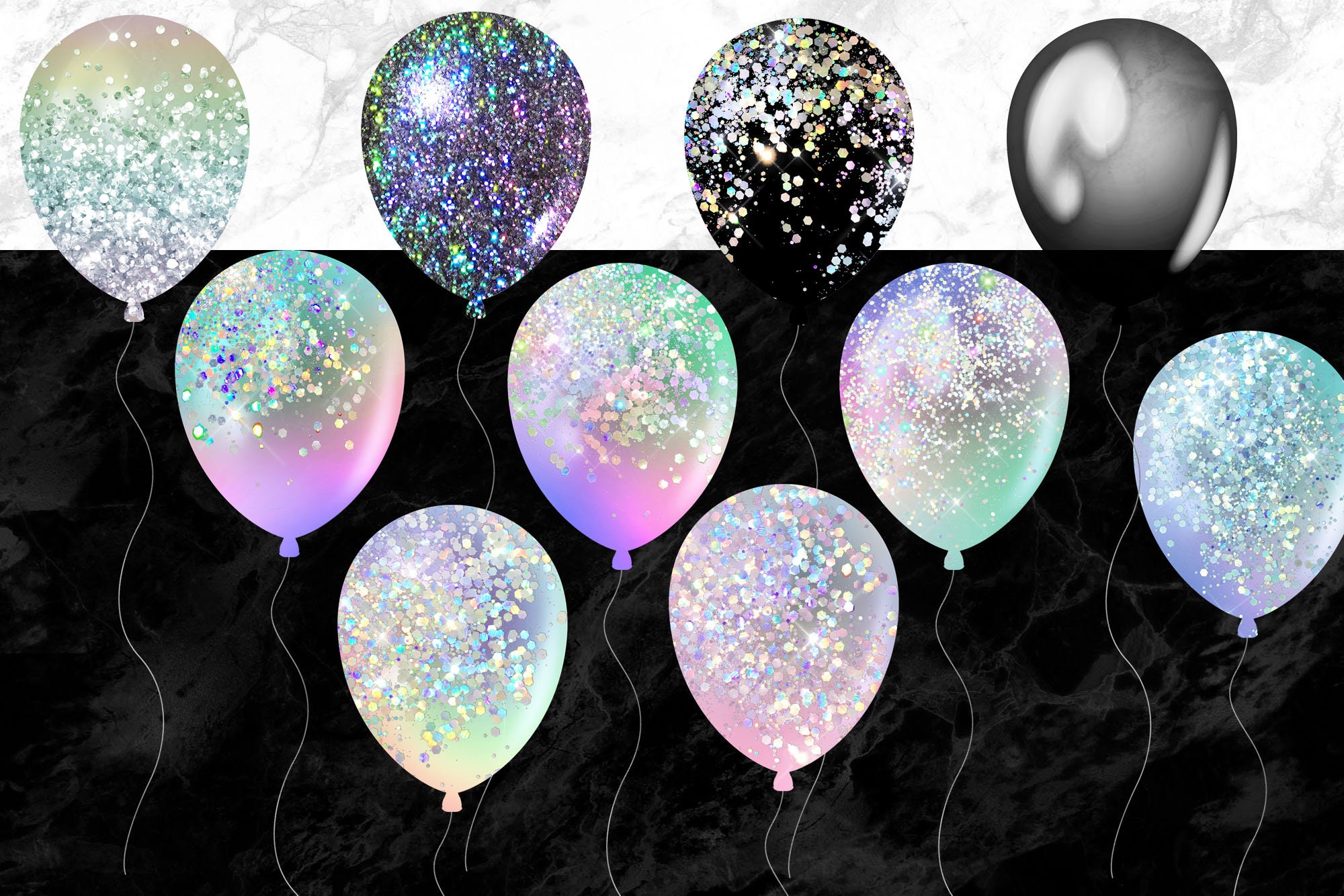 Holographic Glitter Balloons Clipart – Rainbow Party Graphics (digital ...
