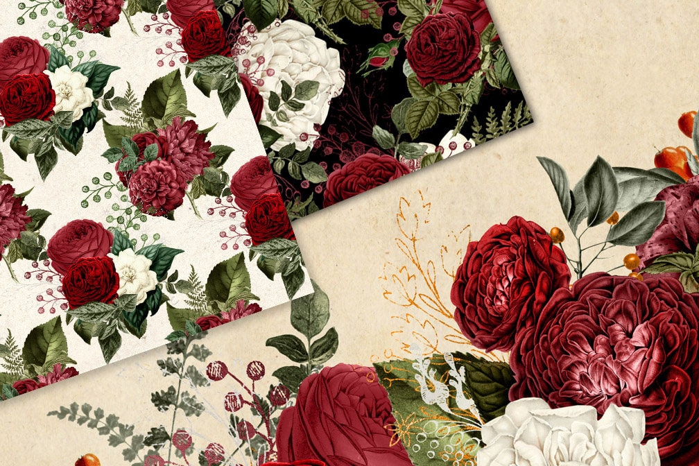 Burgundy Floral Wedding Digital Paper, Scrapbook Backgrounds (digital ...