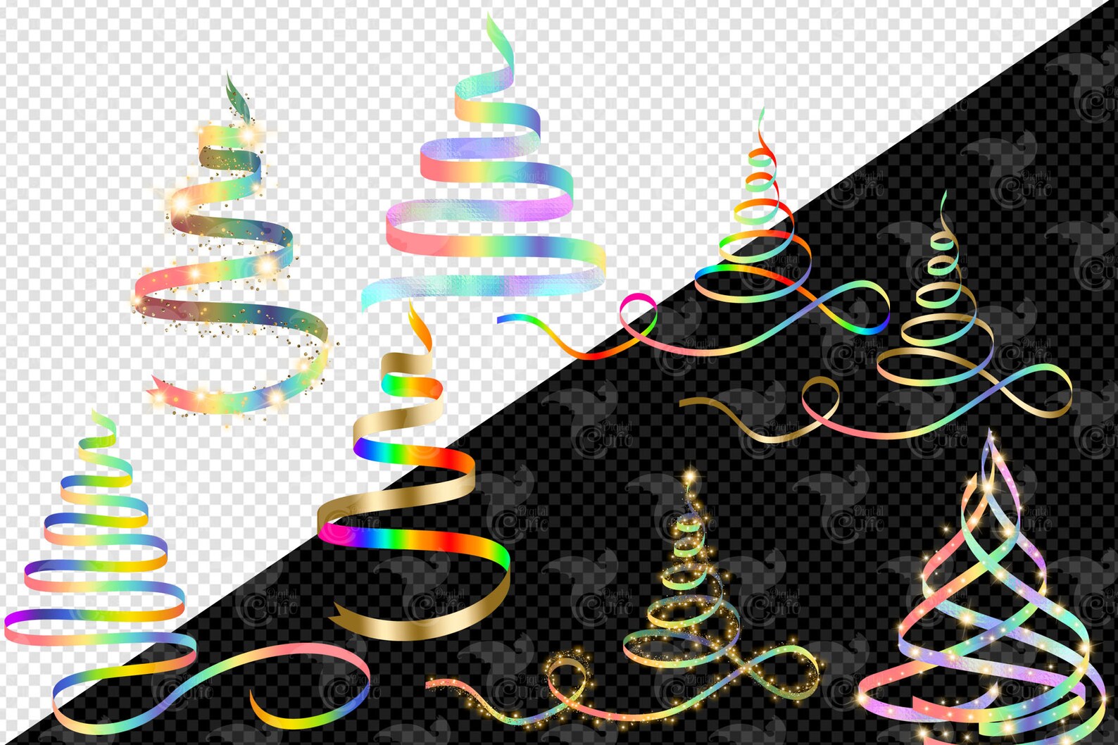 Rainbow Ribbon Christmas Tree Clip Art – Iridescent PNG Graphics ...