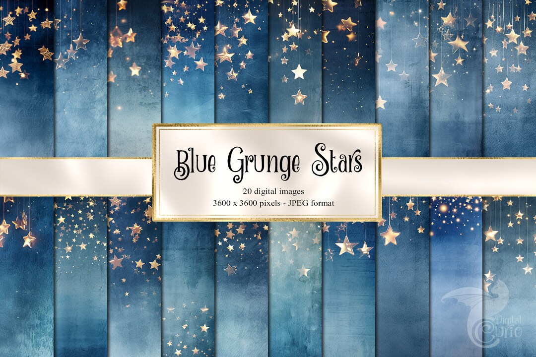 Blue Grunge Stars Digital Paper, Golden Starry Night Texture (digital ...