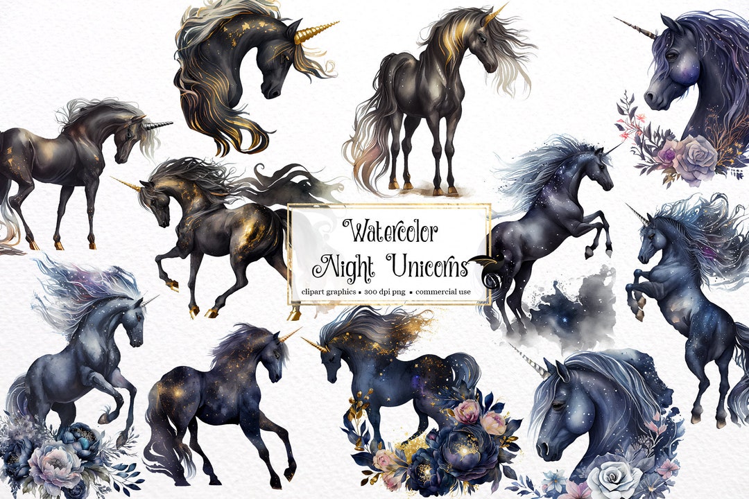 Watercolor Night Unicorn Clipart, Fantasy Clip Art Graphics PNG Clip ...