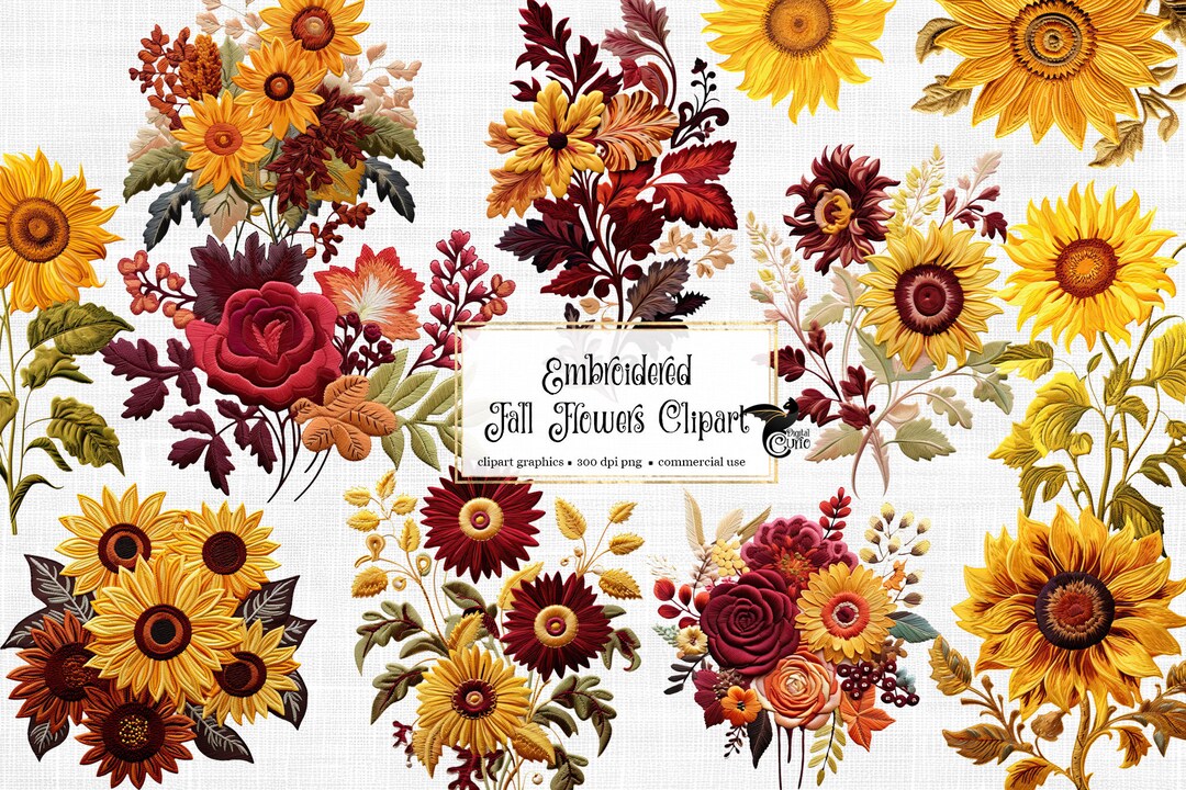 Embroidered Fall Flowers Clipart - Cute Embroidery Floral PNG Format ...