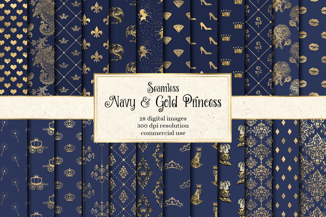 Navy and Gold Princess Digital Paper, Seamless Fairy Princess Patterns ...