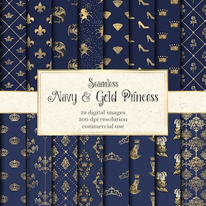 Navy and Gold Princess Digital Paper, Seamless Fairy Princess Patterns ...