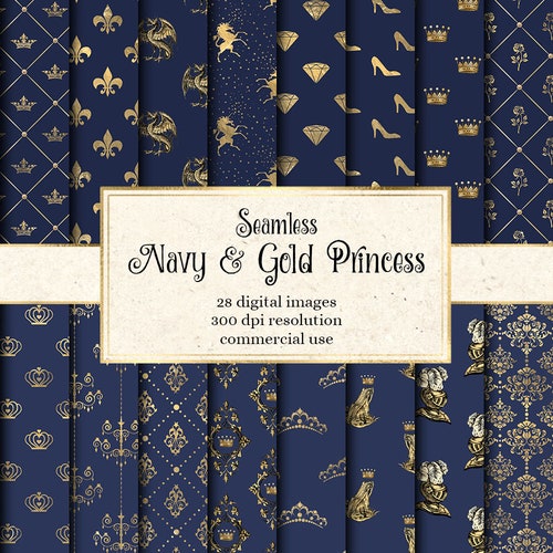 Navy and Gold Princess Digital Paper Seamless Fairy Princess - Etsy