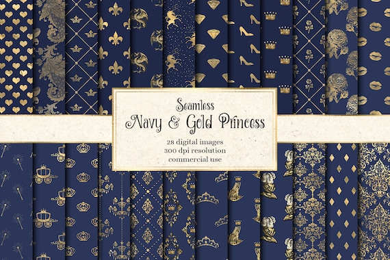 Navy and Gold Princess Digital Paper Seamless Fairy Princess | Etsy