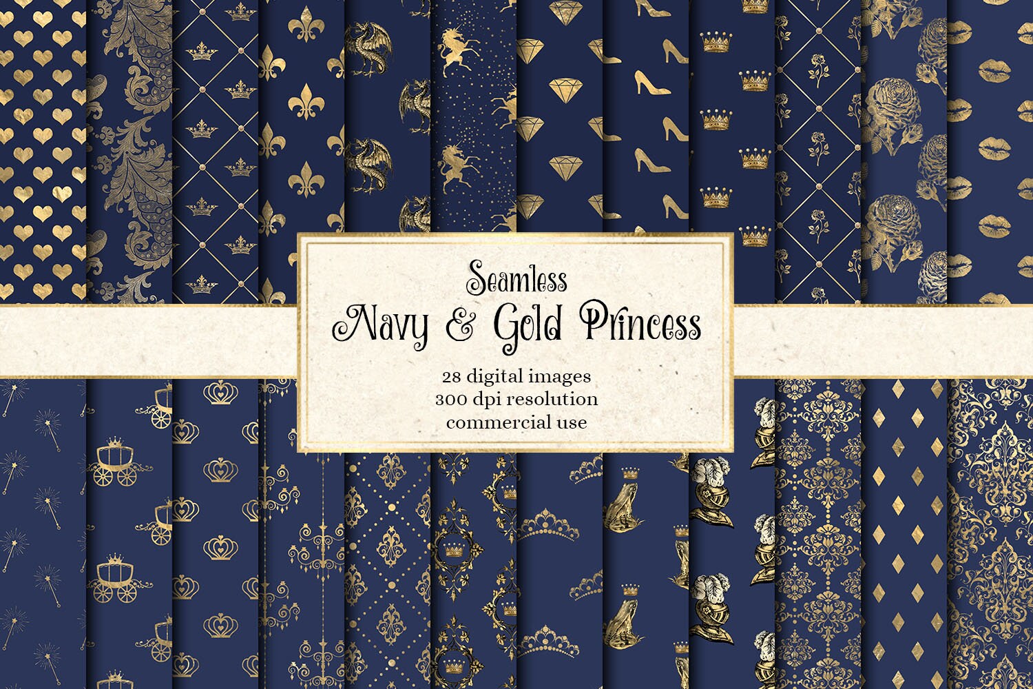Navy and Gold Princess Digital Paper Seamless Fairy Princess - Etsy