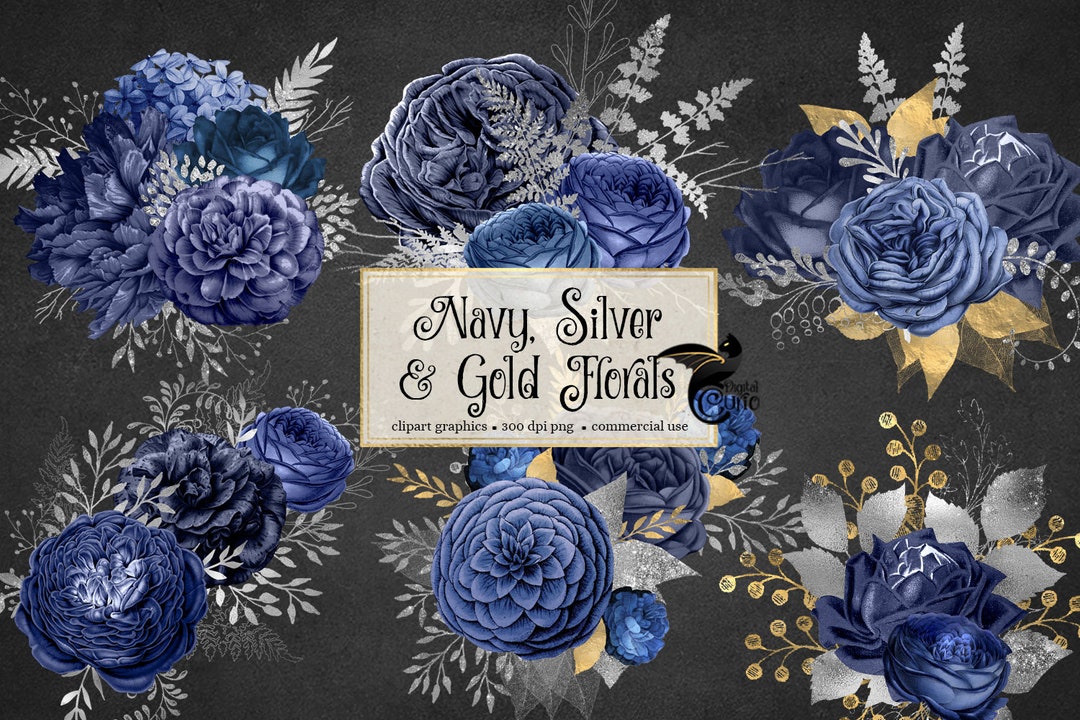 Navy Silver and Gold Floral Clipart Bouquets and Botanical Elements ...