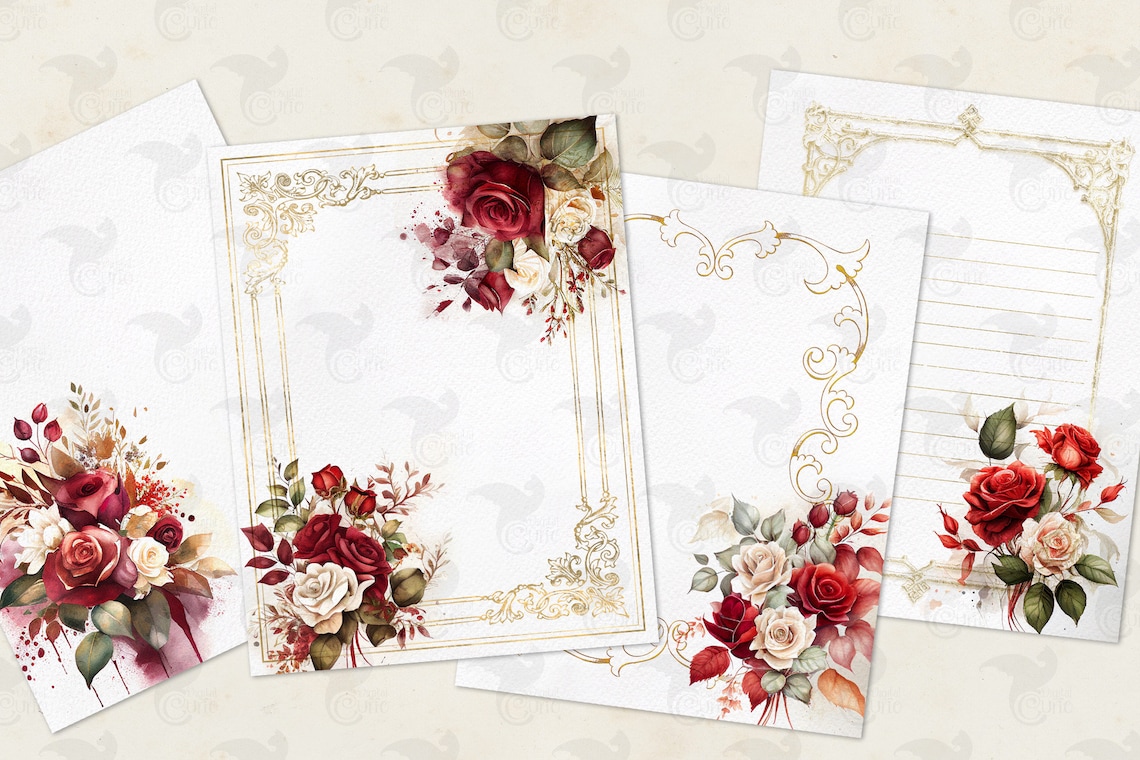 Red Watercolor Rose Digital Paper, Printable Junk Journal Watercolor ...