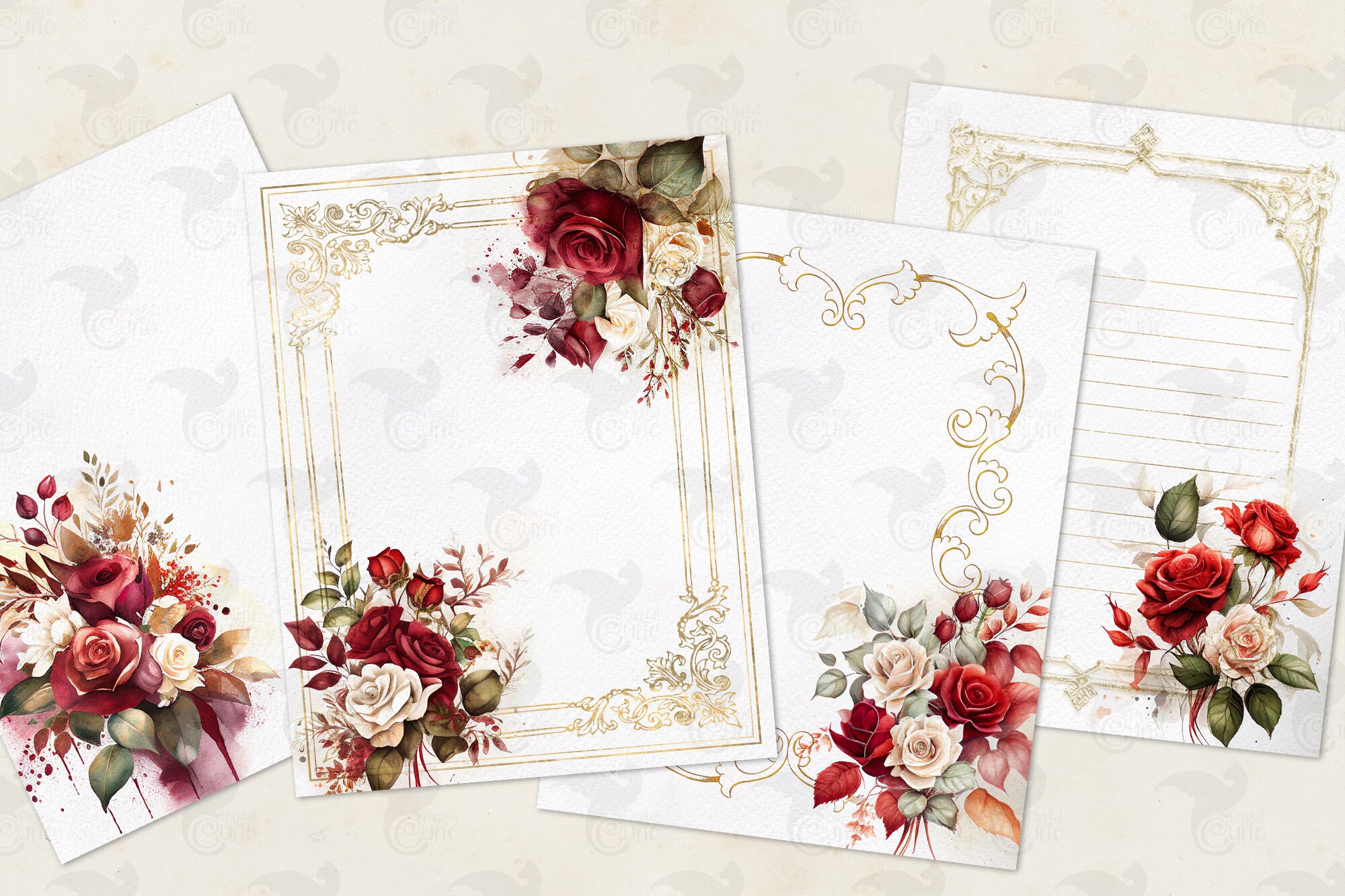 Red Watercolor Rose Digital Paper, Printable Junk Journal Watercolor ...