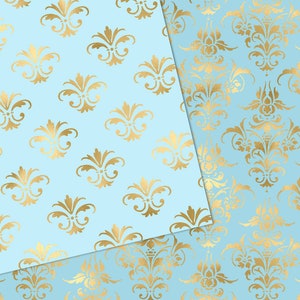 Baby Blue and Gold Damask Digital Paper, Seamless Damask Patterns ...