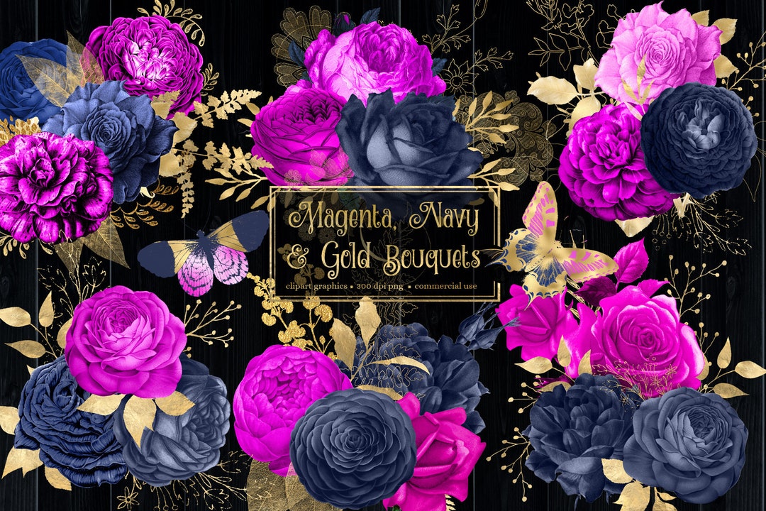 Magenta Navy and Gold Bouquets Floral Clip Art, Digital Instant ...