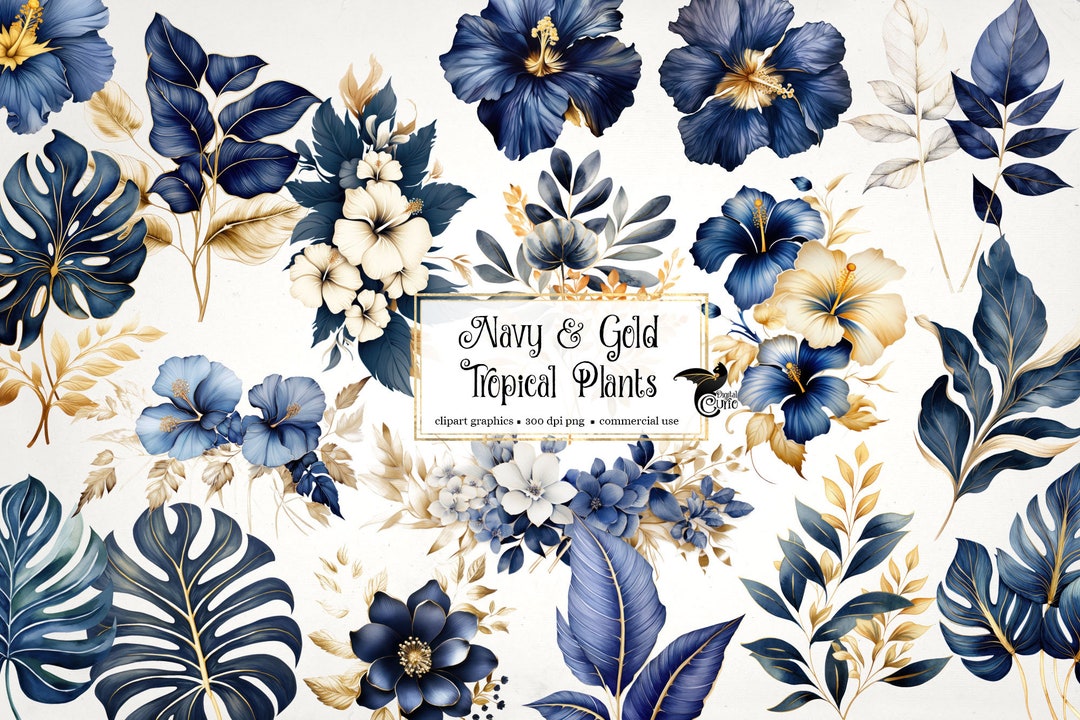 Navy and Gold Tropical Plants Clipart - Monstera Leaves and Hibiscus ...