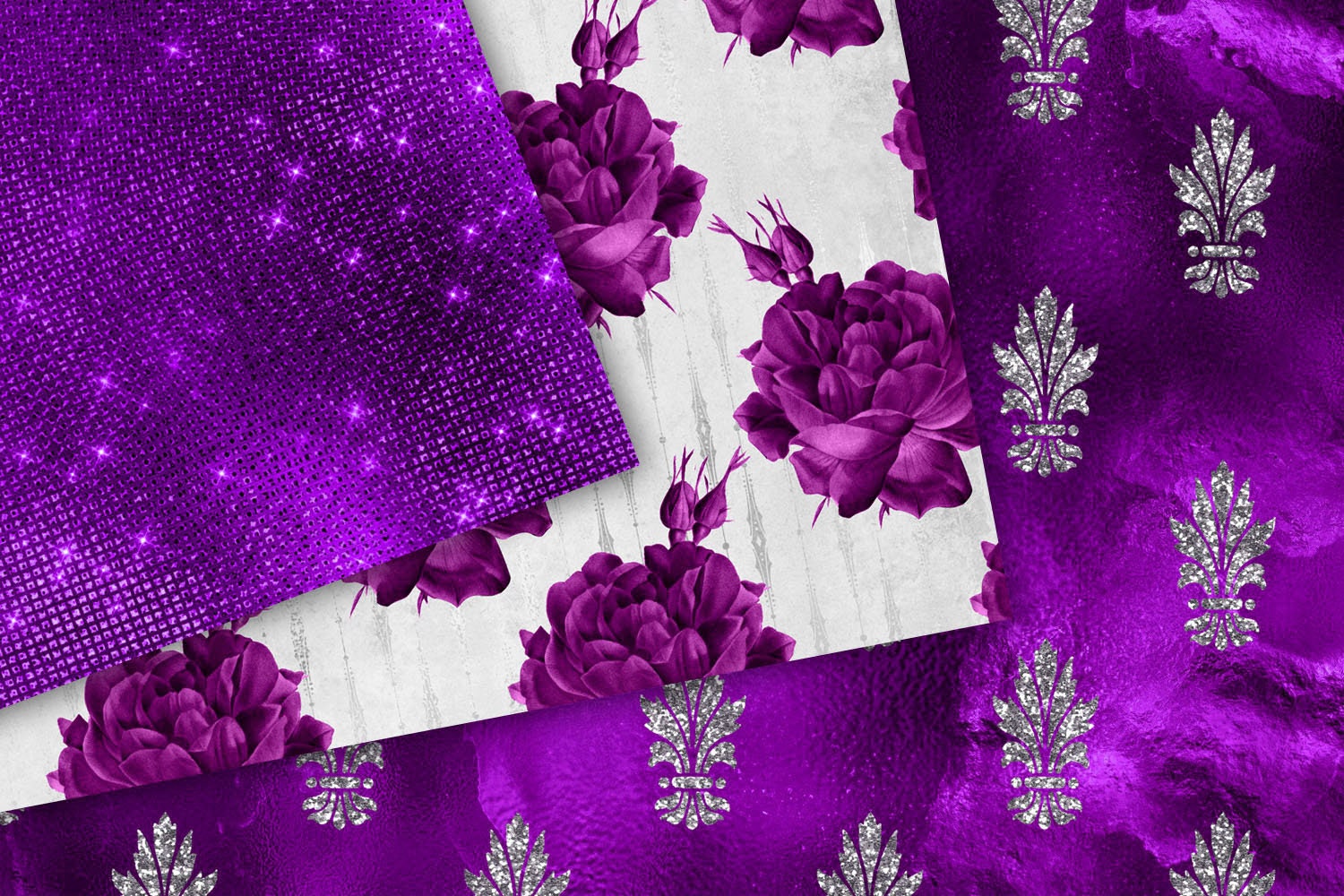 Royal Purple and Silver Floral Digital Paper Seamless Purple - Etsy