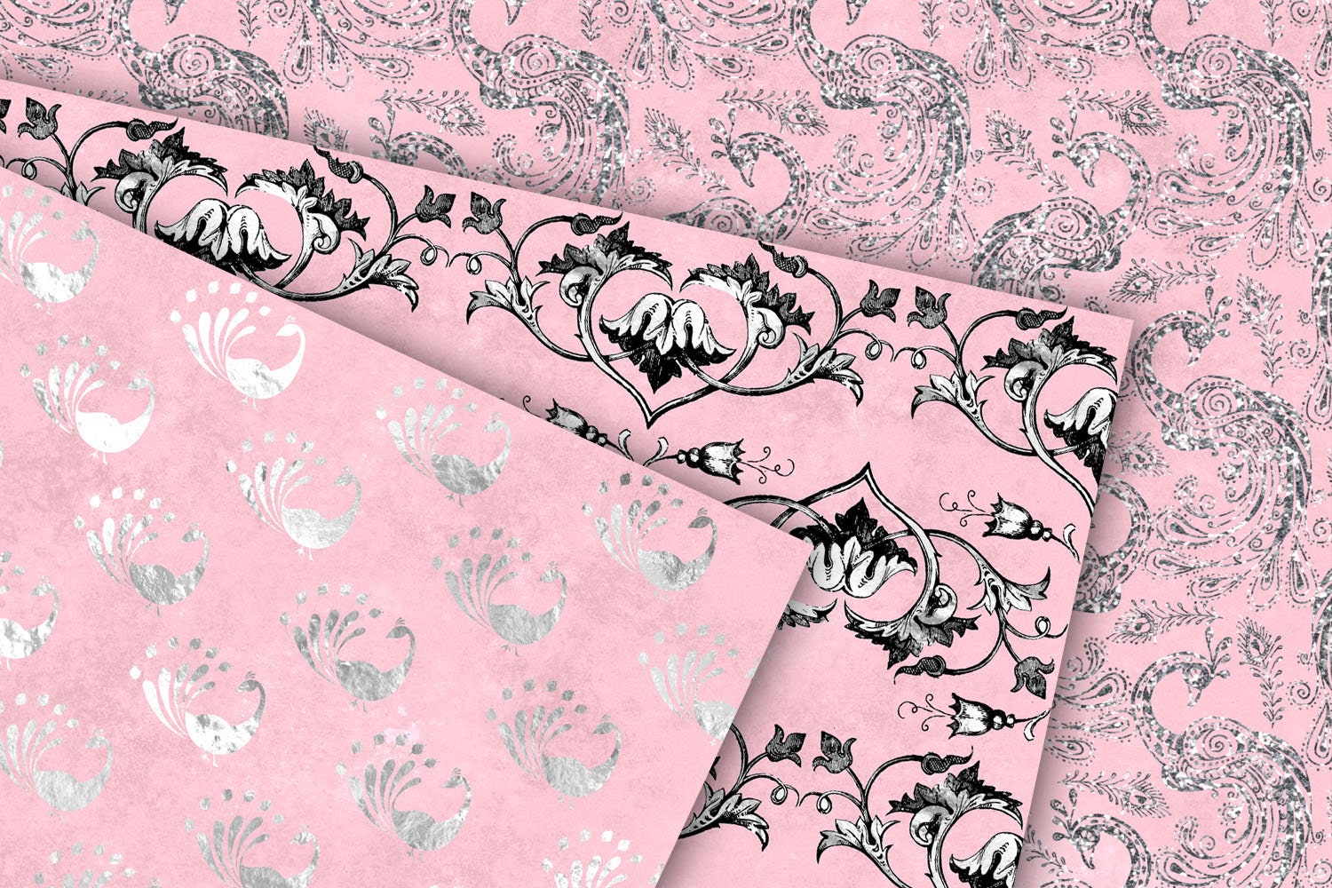 Pink and Silver Peacock Digital Paper, Seamless Patterns (digital ...