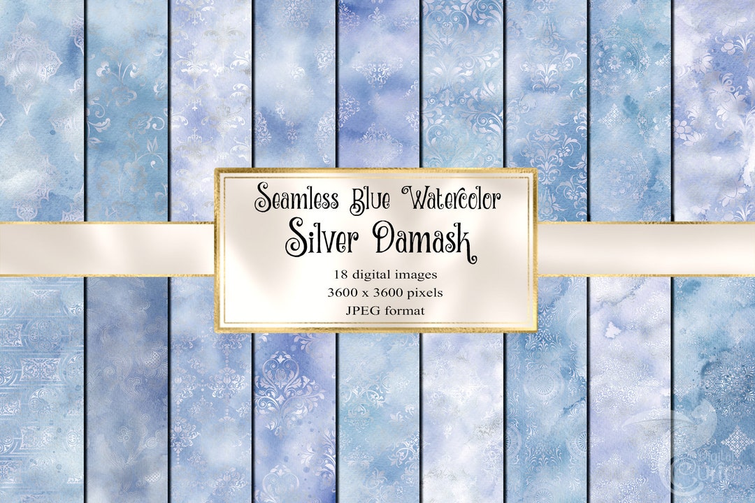 Blue Watercolor Silver Damask Digital Paper – Seamless Textures ...
