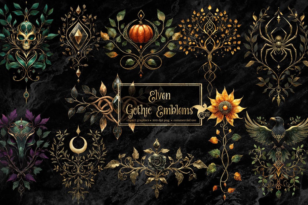Elven Gothic Emblems - Fantasy Graphics, Halloween Clipart (PNG ...