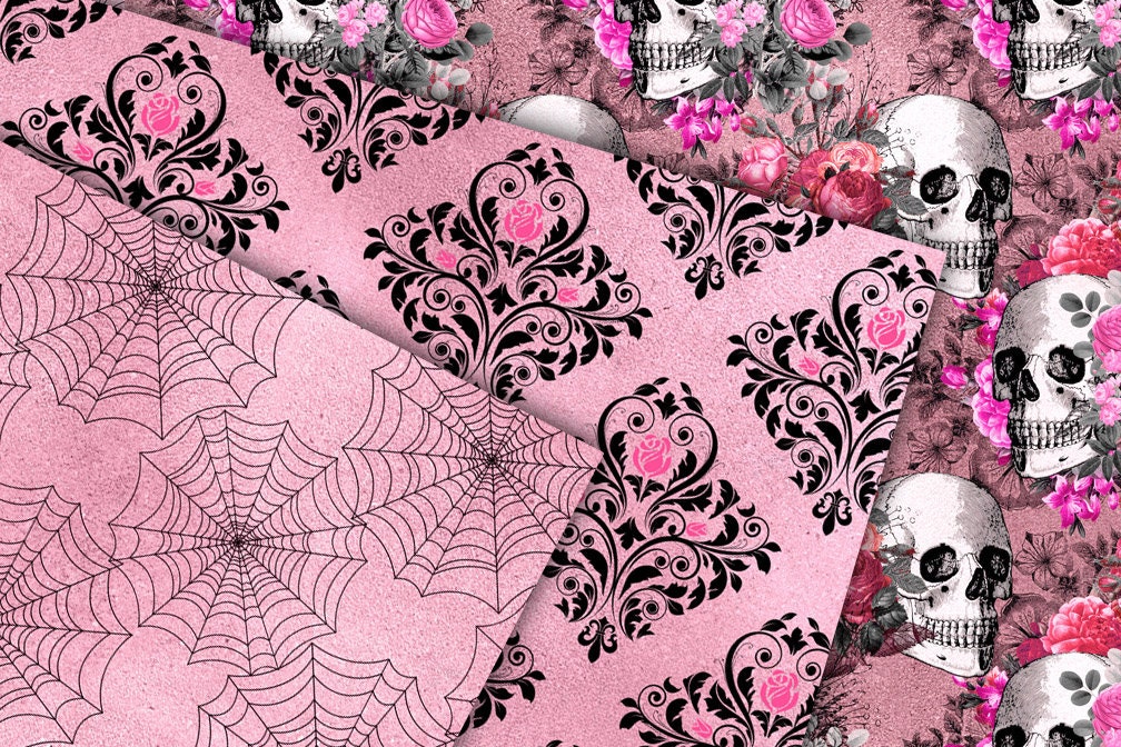 Pink Gothic Digital Paper, Skull Damask, Halloween Scrapbook (8.5x11 ...