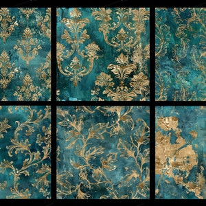 Distressed Ornate Teal and Gold Damask Digital Paper, Seamless Damask ...