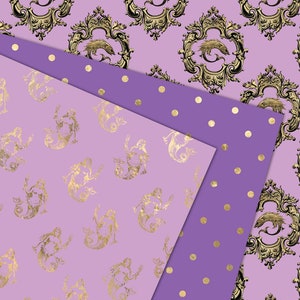 Purple and Gold Mermaid Digital Paper, Seamless Gold Mermaid Patterns ...