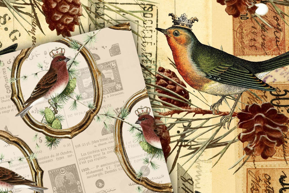 Vintage Christmas Birds Digital Paper, Seamless Textures (digital ...