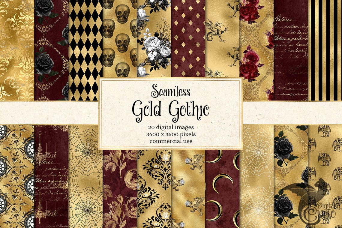 Gold Gothic Digital Paper, Skull Damask Halloween Scrapbook Paper ...