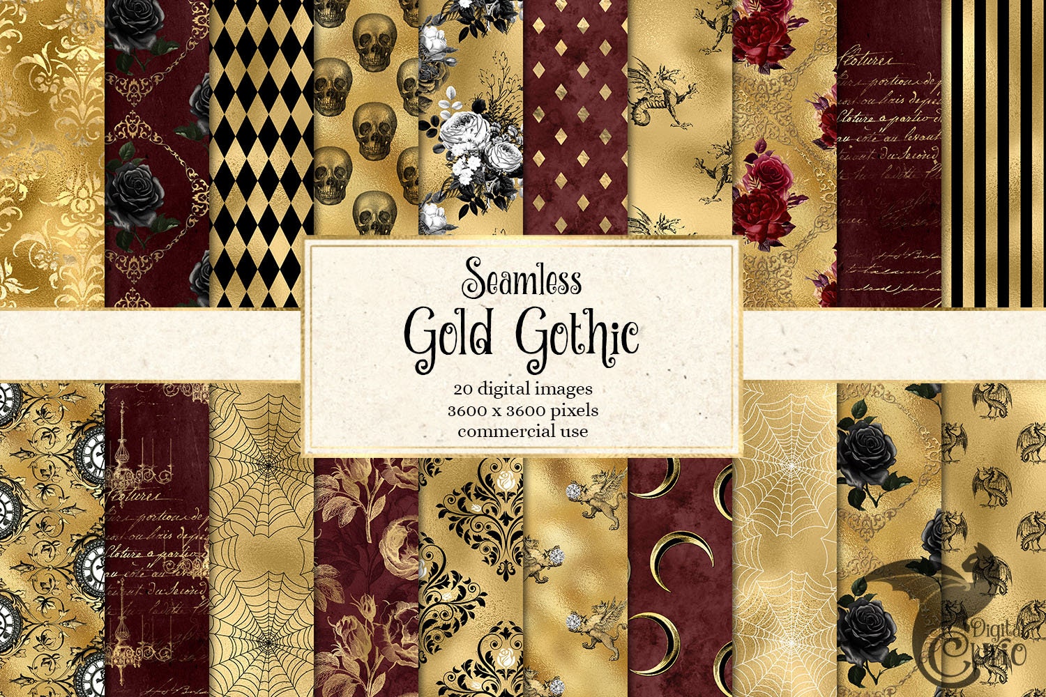 Gold Gothic Digital Paper Skull Damask Halloween Scrapbook - Etsy