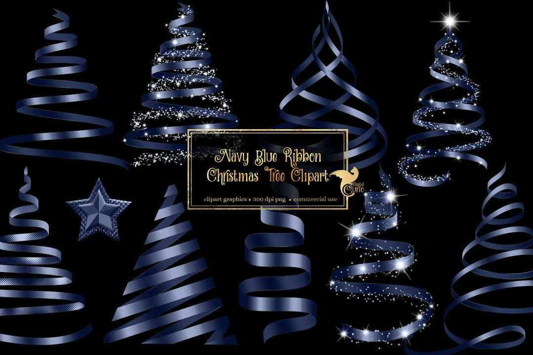 Navy Blue Ribbon Christmas Tree Clip Art - Digital Holiday Glitter Png ...