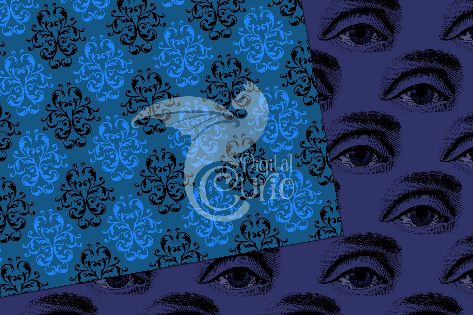 Blue Gothic Digital Paper Seamless Skull Damask Halloween | Etsy