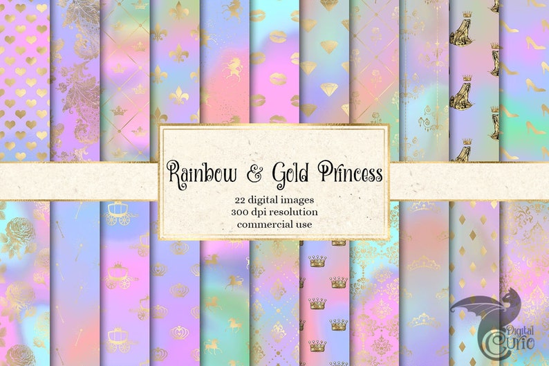 Rainbow Gold Princess Digital Paper, Scrapbook Patterns (digital ...