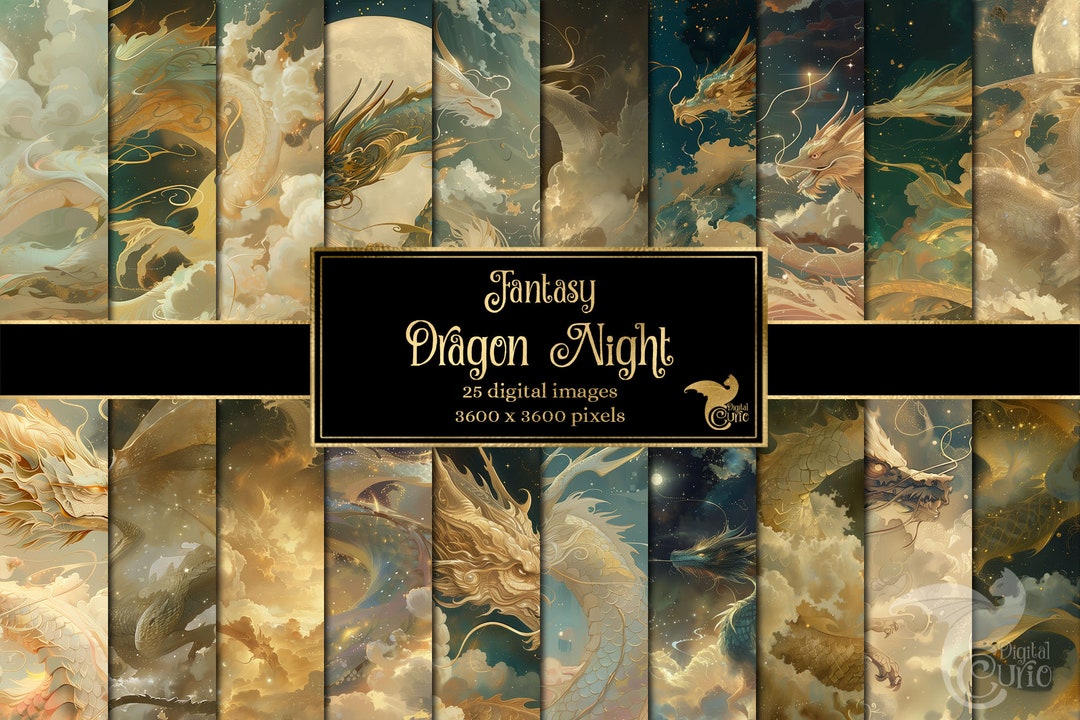 Fantasy Dragon Night Digital Paper, Celestial Digital Paper Fantasy ...