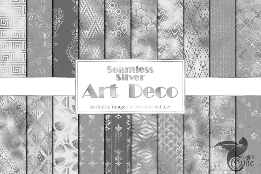 Silver Art Deco Digital Paper, Seamless Deco Patterns in Silver Foil ...