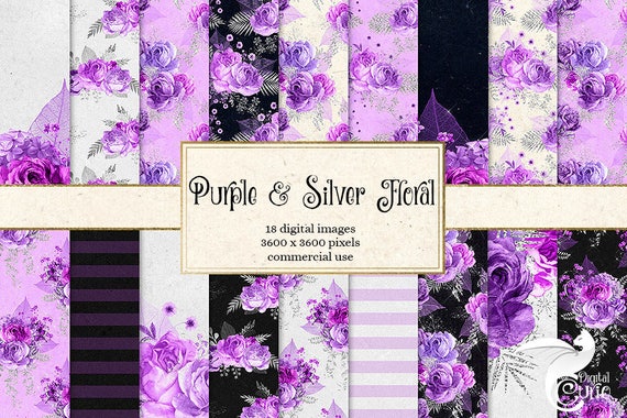 Purple and Silver Floral digital paper silver glitter and | Etsy