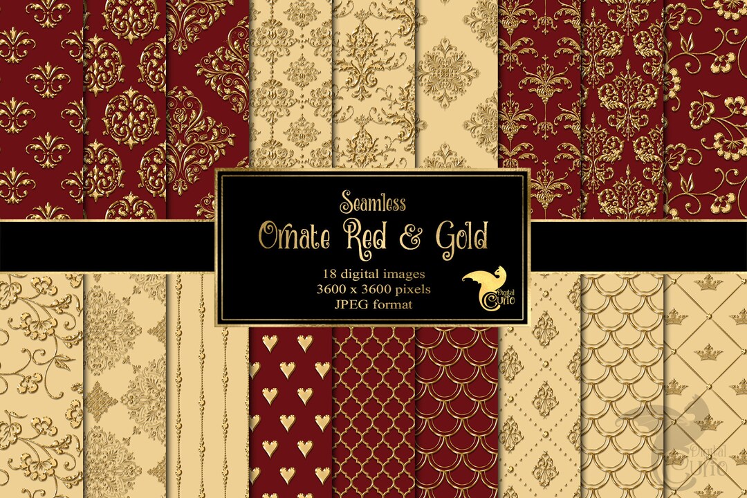 Ornate Red and Gold Digital Paper, Seamless Damask Patterns Printable ...