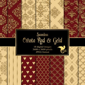 Ornate Red and Gold Digital Paper, Seamless Damask Patterns Printable ...