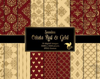 Red and Gold Damask Digital Paper, Seamless Damask Patterns, Gold ...