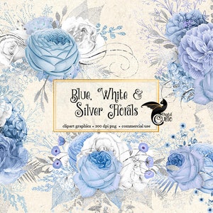Blue, White and Silver Floral Clip Art, Digital Download Painted Rustic ...