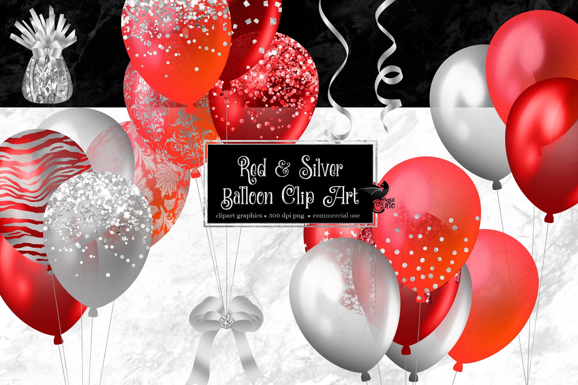 Red and Silver Balloons Clipart, Glitter Confetti Overlays (digital ...