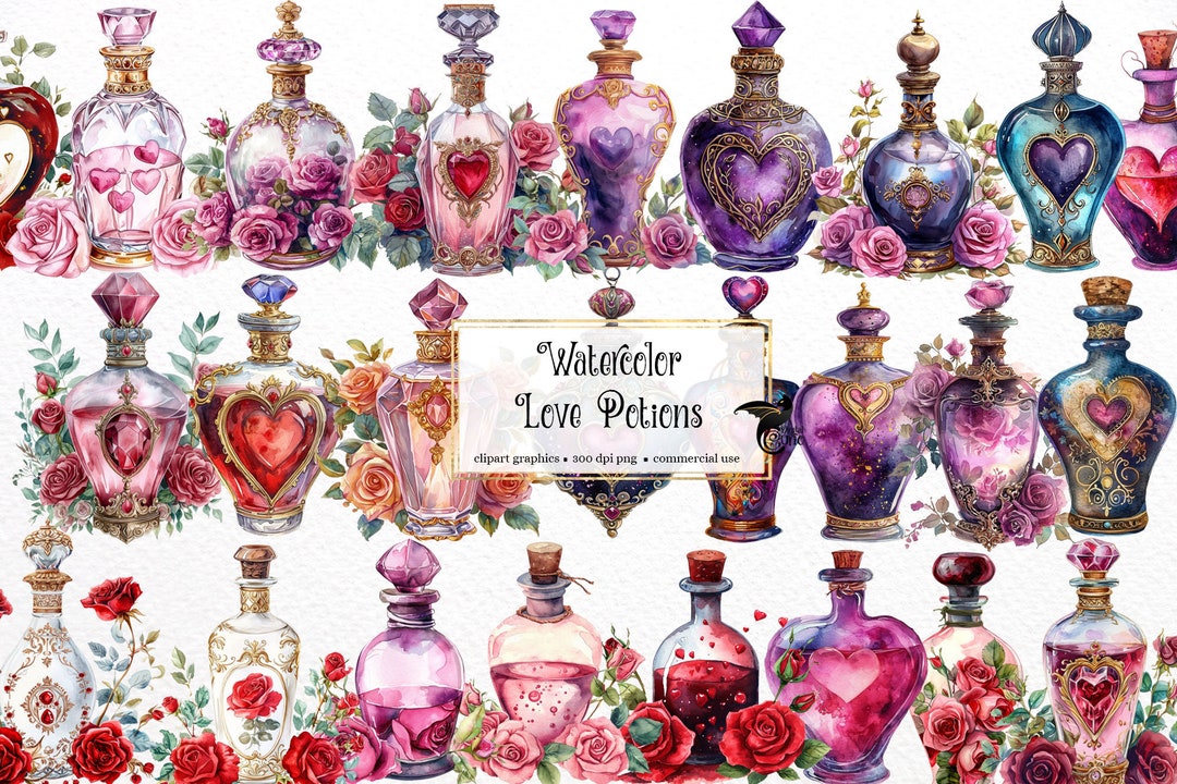 Watercolor Love Potions Clipart - Watercolor Valentine Magic Potion ...