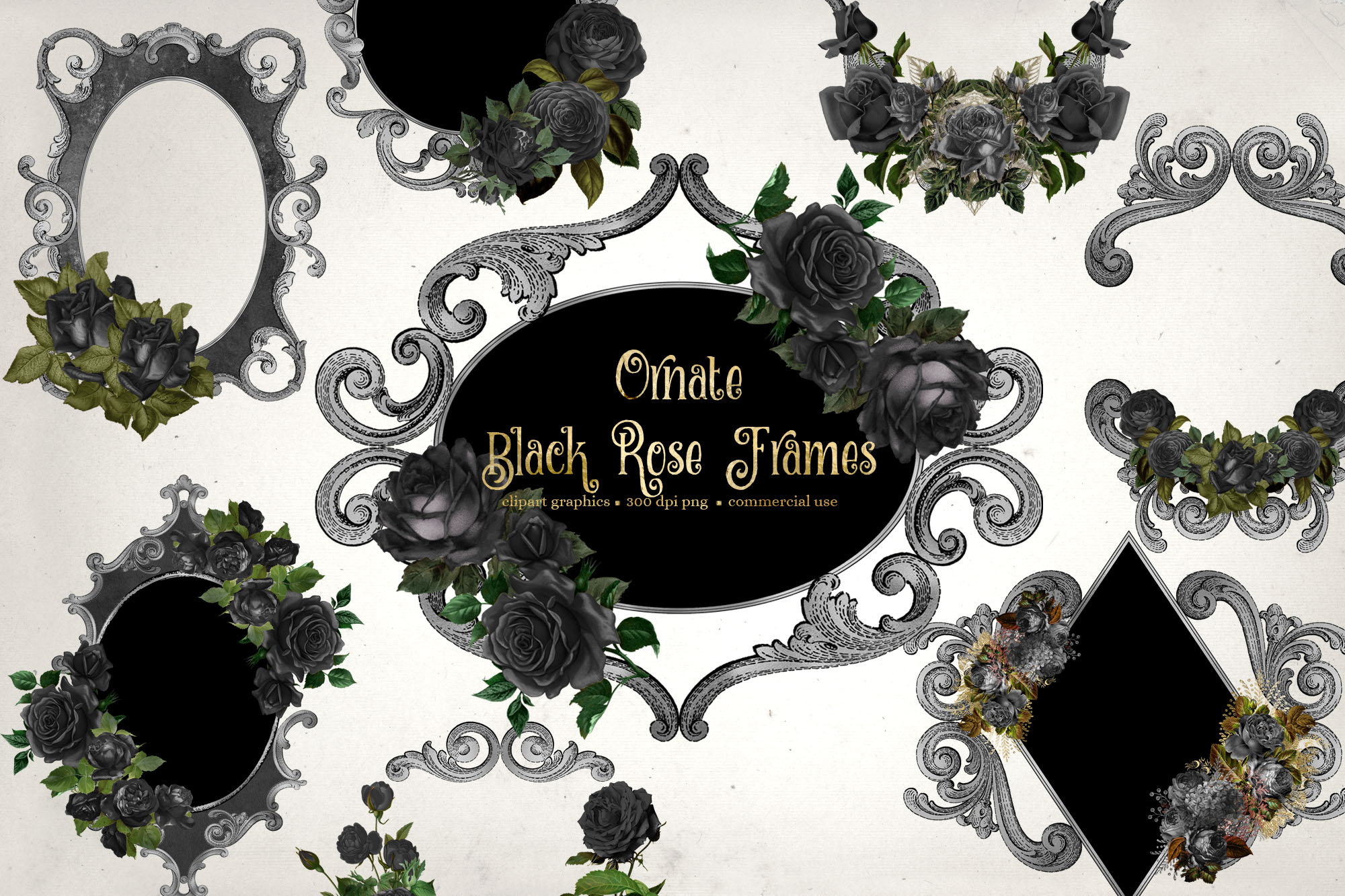 Black Rose Frames Clipart, Gothic Baroque Scroll, Vintage Ornate Frames ...