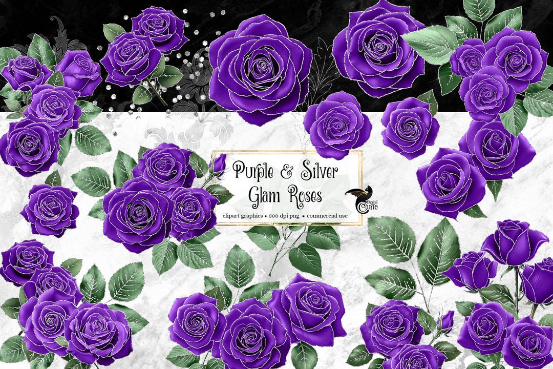 Purple and Silver Glam Rose Clip Art, Digital Instant Download Glitter ...