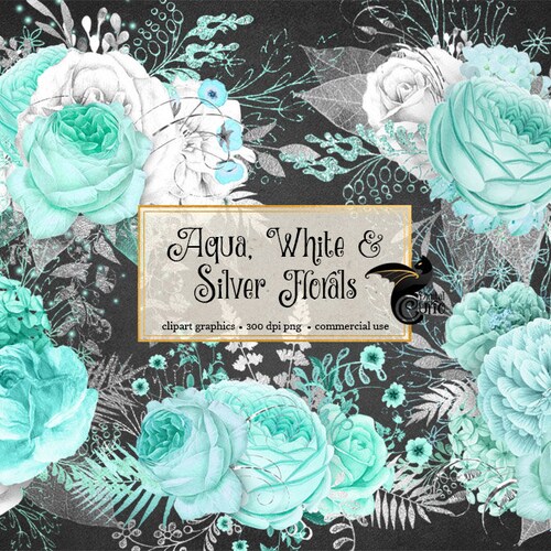 Black Pink and Silver Floral Clipart Vintage Flower Clip Art | Etsy