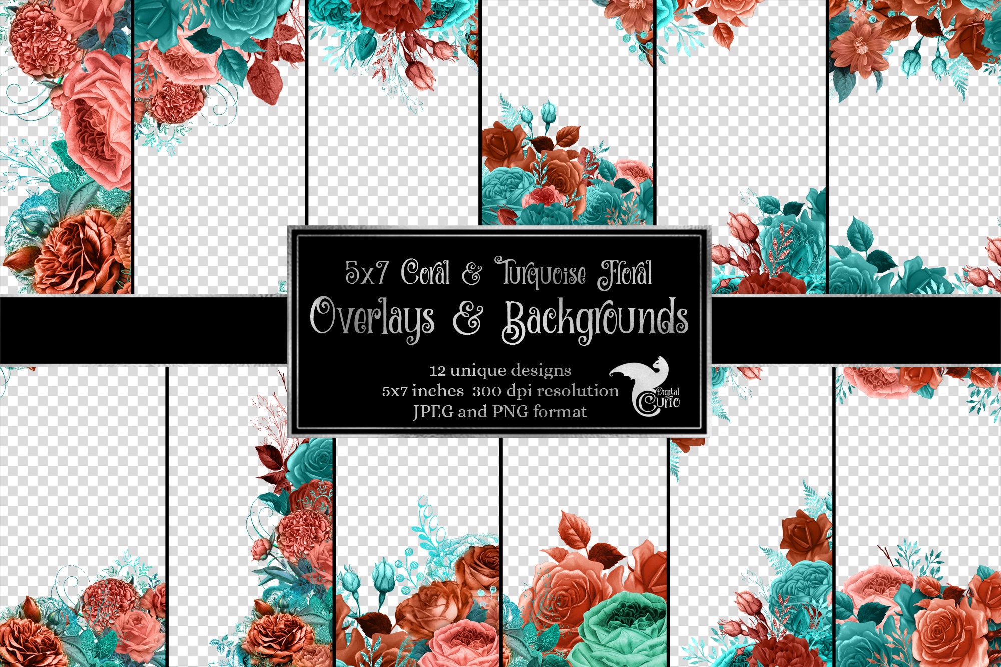 5x7 Turquoise and Coral Floral Overlays Rustic Wedding - Etsy