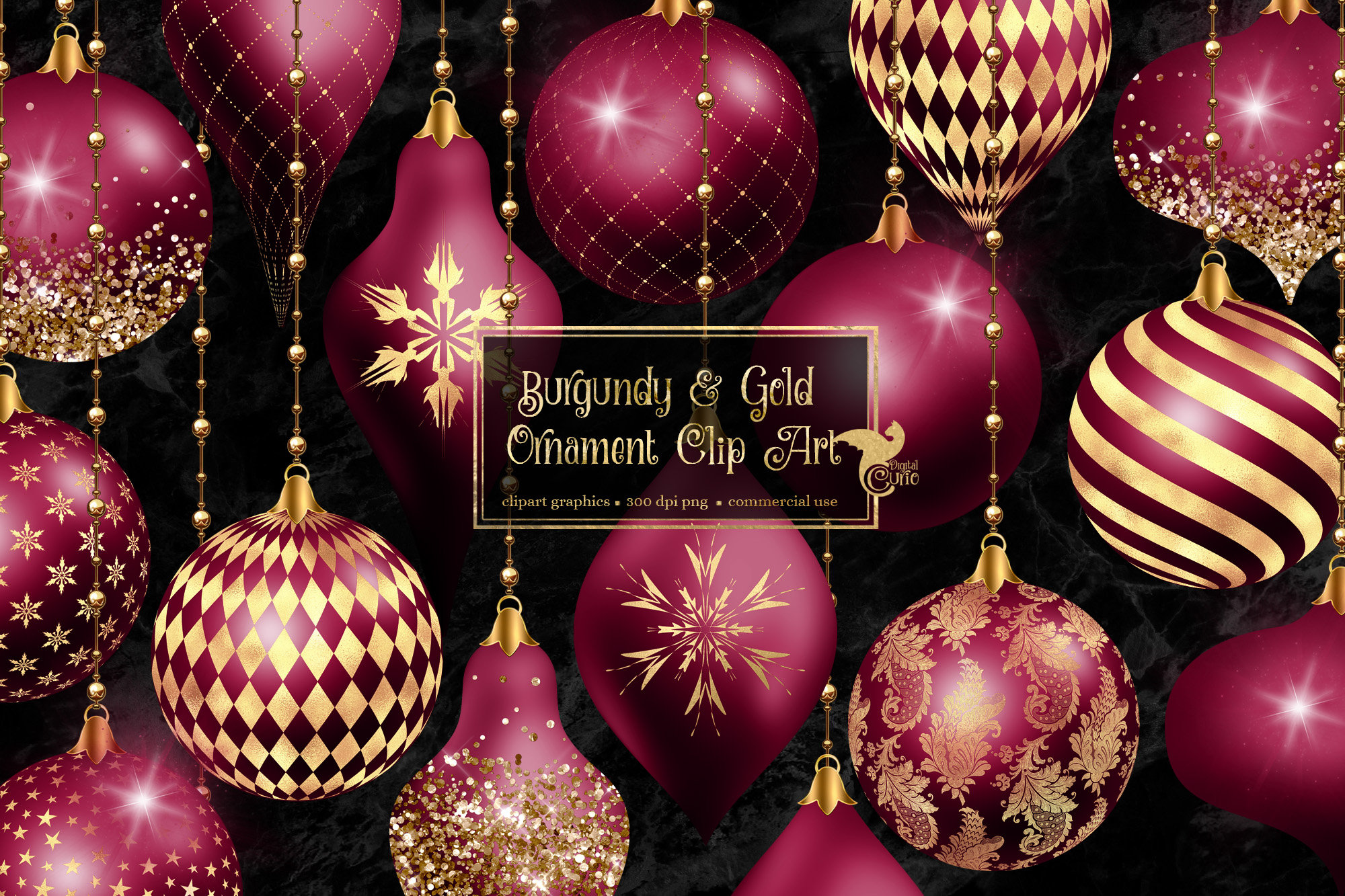 Burgundy and Gold Christmas Ornaments Clipart, Digital Glitter ...