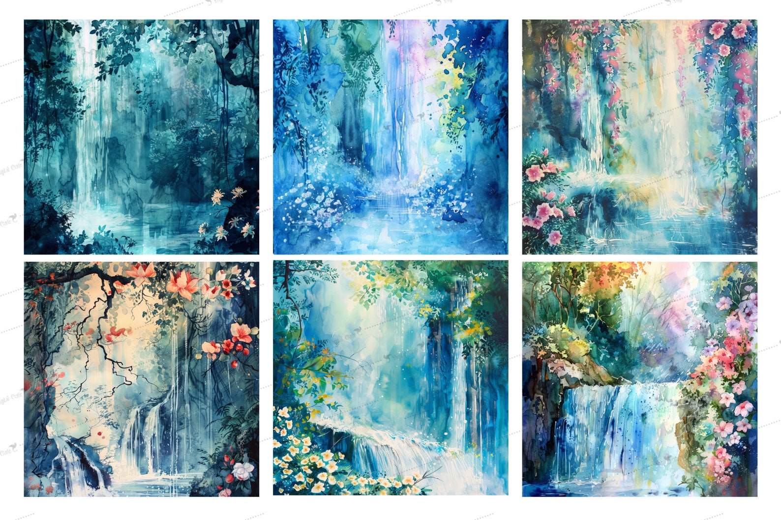 Watercolor Forest Waterfall Backgrounds, Floral Landscape (digital ...